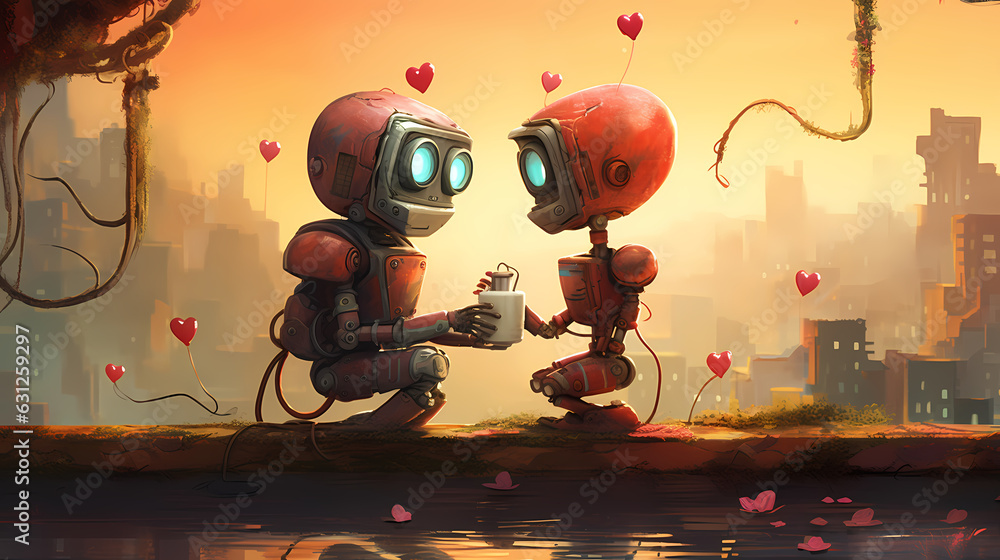 robots in love, robot, 3d, technology, gold, machine, robotic, cyborg ...