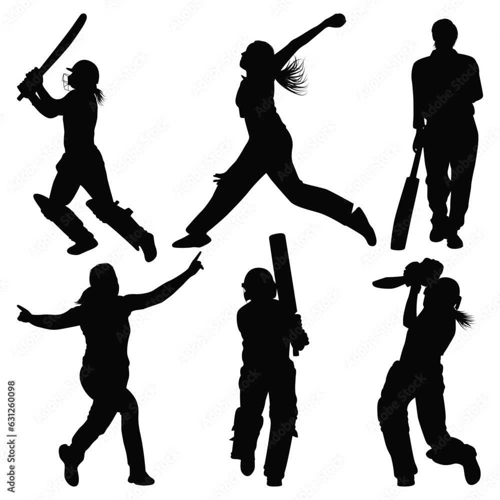 Female Cricket Player Betting & Bowling Silhouettes Vector Illustration ...