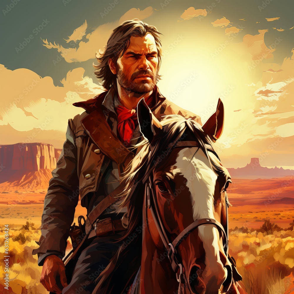 Cowboy on the prairie in hot weather. Sunbeams and a horse in a ...