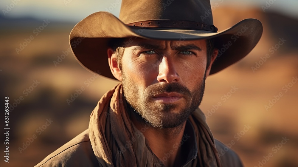 Cowboy on the prairie in hot weather. Sunbeams and a horse in a ...