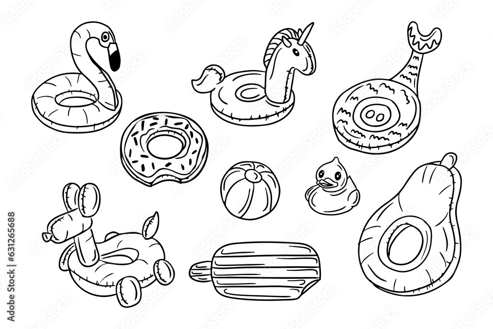Set of hand drawn pool floating doodles. Black vector outline elements ...