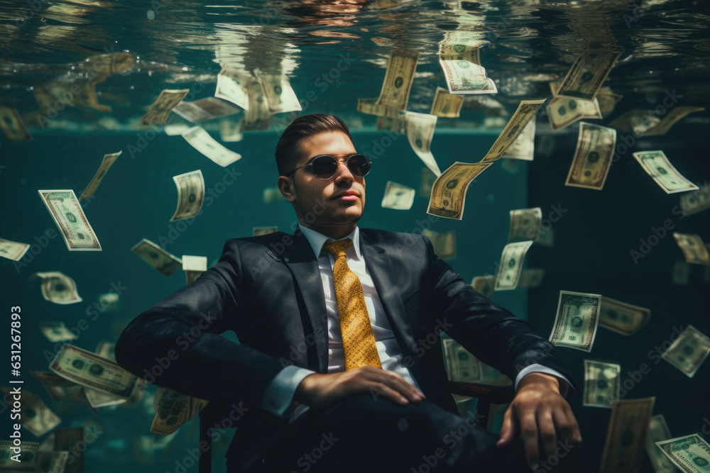 Businessman wearing suit drowning underwater with dollar banknotes ...