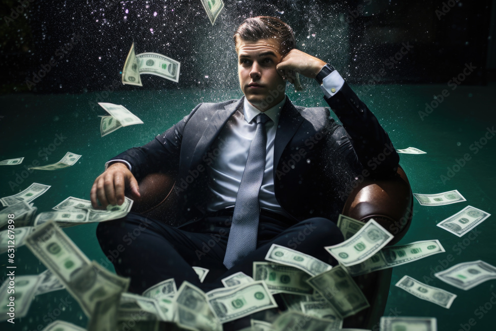 Businessman wearing suit drowning underwater with dollar banknotes ...