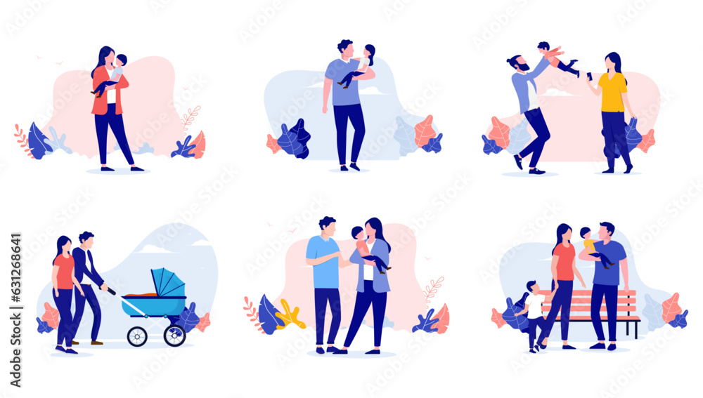 Parenting vector collection - Set of illustrations with parents taking ...