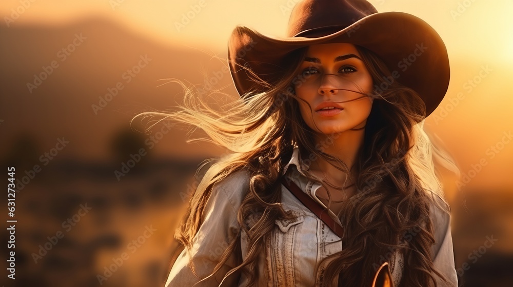Cowboy girl on the prairie in hot weather. Sunbeams and a horse in a ...