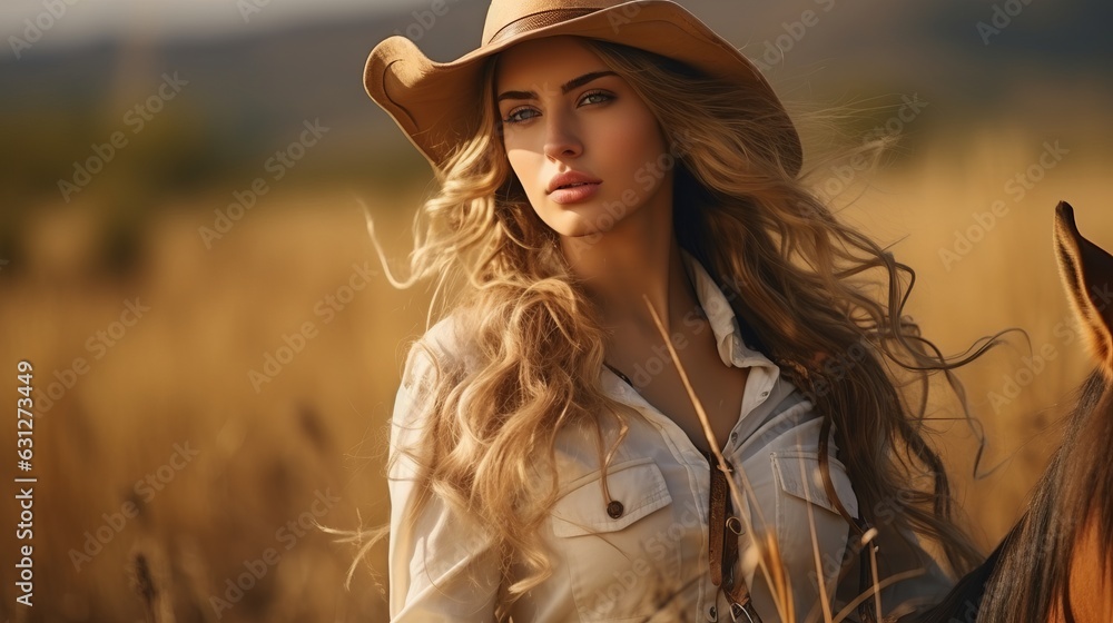 Cowboy girl on the prairie in hot weather. Sunbeams and a horse in a ...