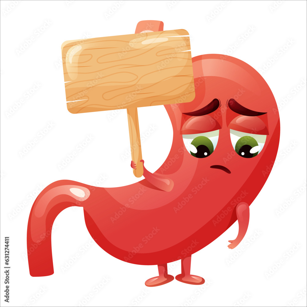 Cartoon sad stomach character with wooden sign in hands for text ...