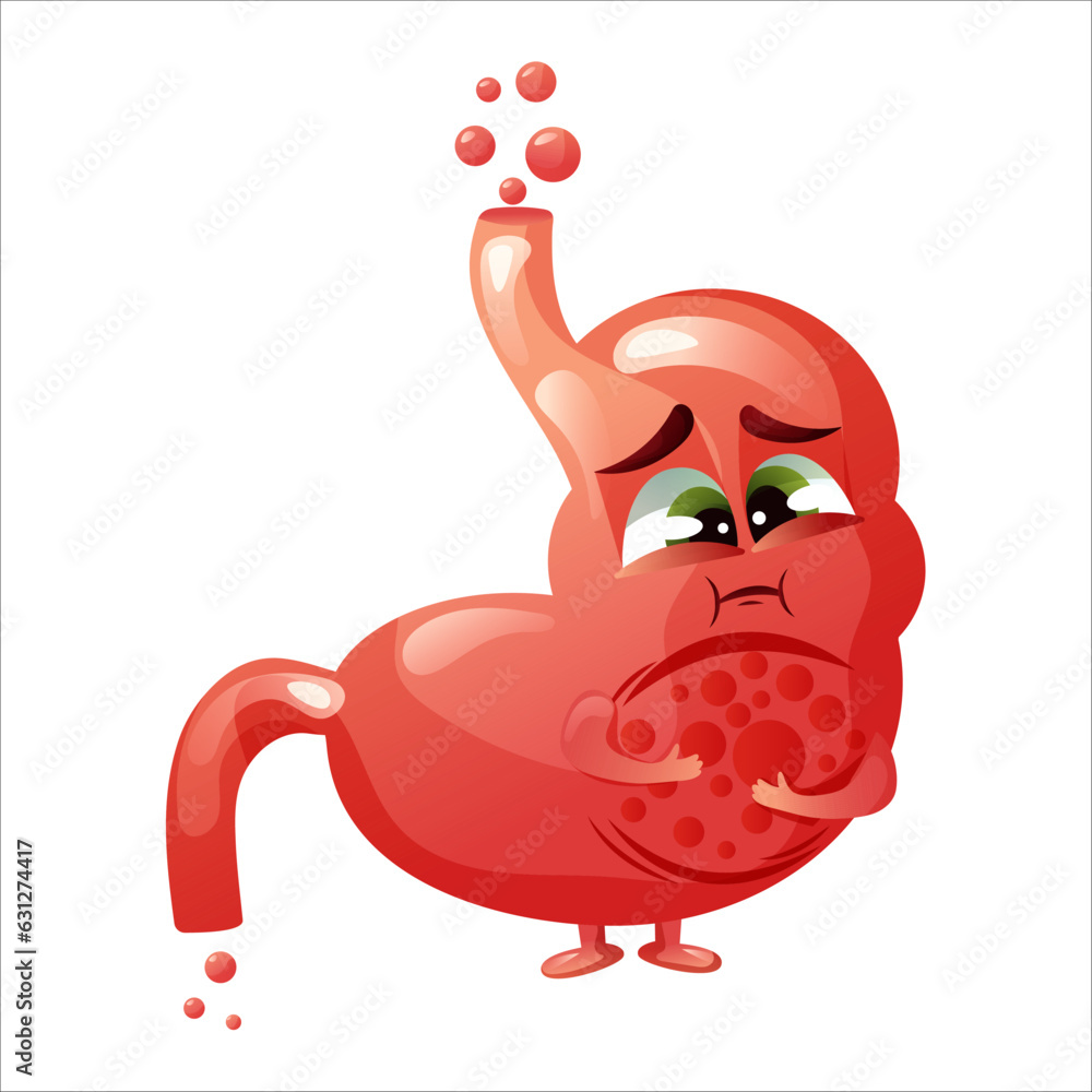 Cartoon stomach character. Concept diseased internal organ abdominal ...