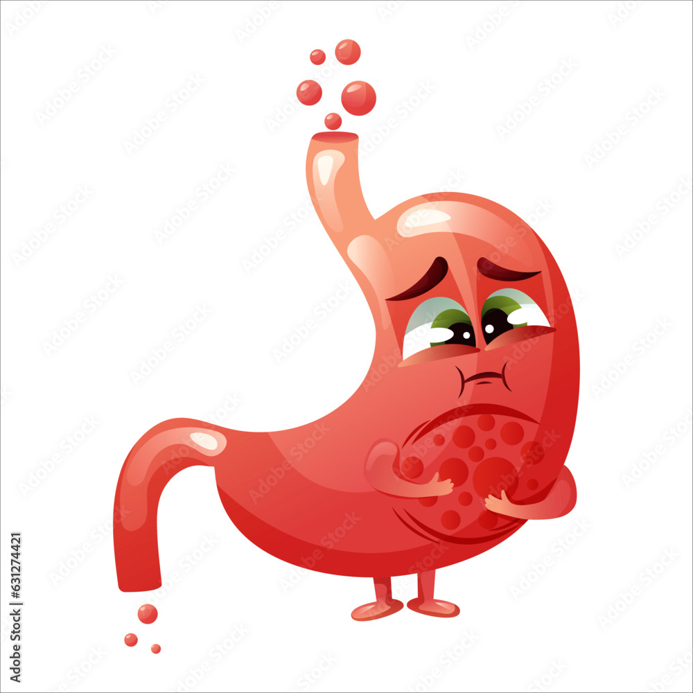 Cartoon stomach character. Concept diseased internal organ, bloating ...