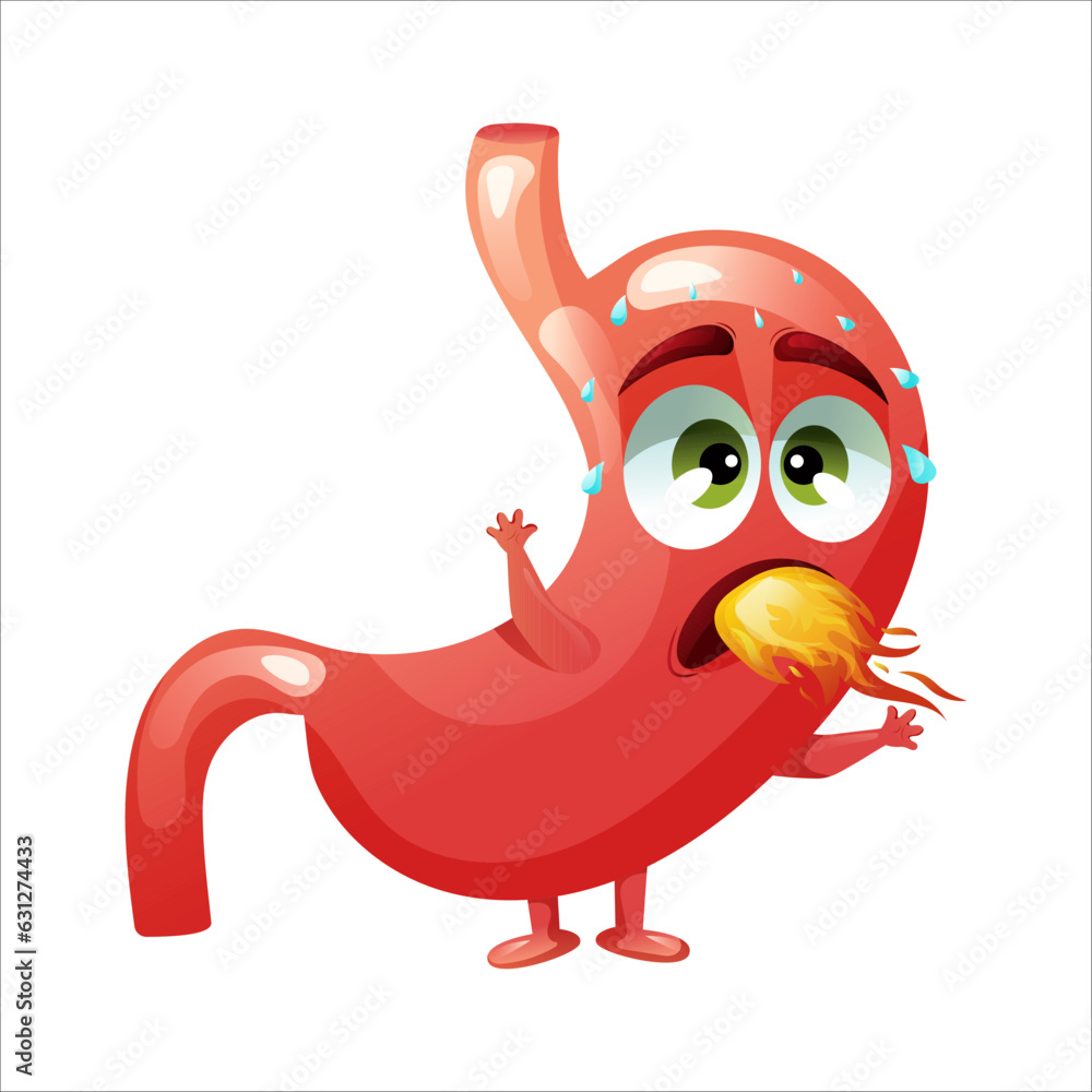 Cartoon stomach character. Concept sick internal human organ, heartburn ...