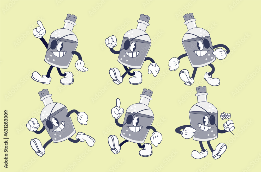 Vintage cartoon alcohol bottle mascot, set in different poses, retro ...