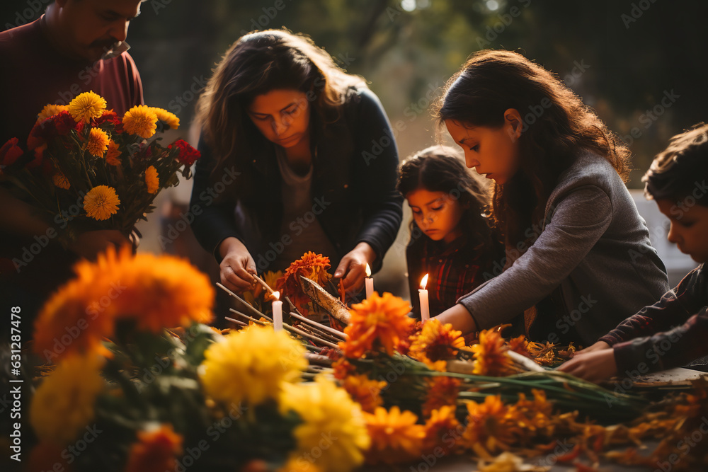 Sacred Rituals: A Family Decorates a Grave with Marigold Flowers and ...