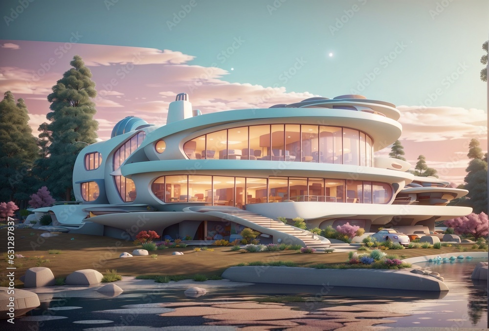A contemporary house with expansive windows, embracing a futuristic ...