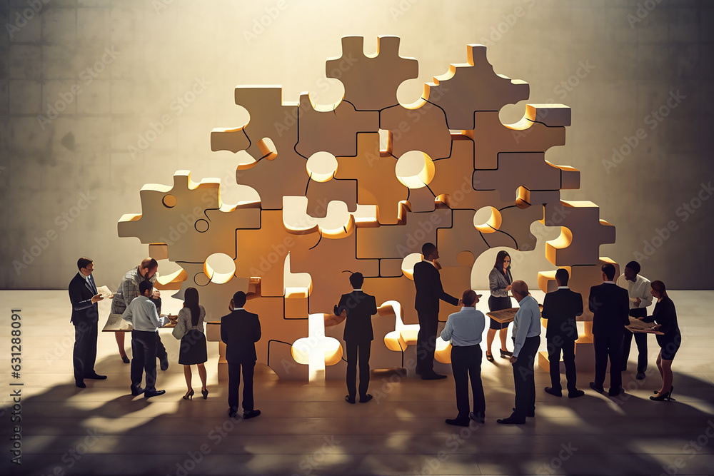 group of people working together with a puzzle as background to ...