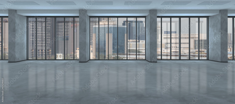 Urban Workspace Serenity Empty Office with City Building background ...