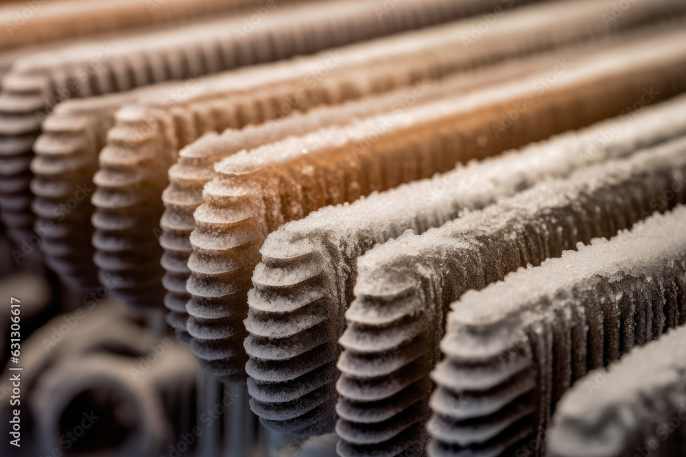 Extremely close-up of frost-covered heat exchanger tubes to highlight ...