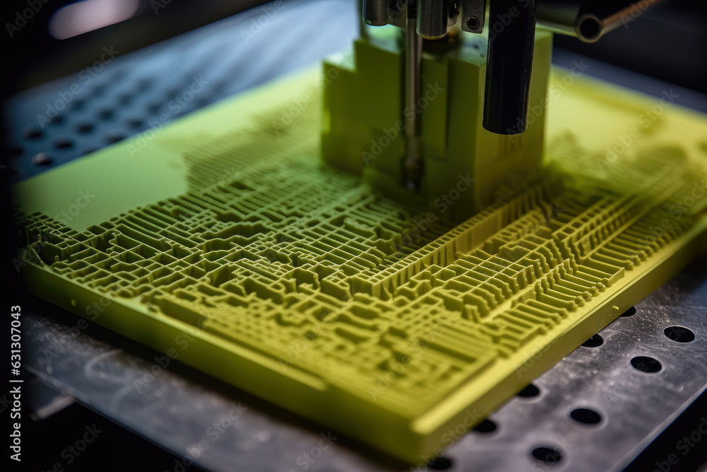 Extreme close-up of a 3D printer's build plate with intricate layers of ...