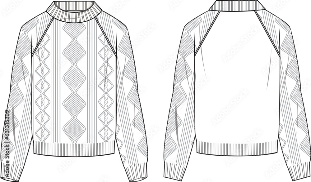 Vetor de Women's Cable Jumper- Technical fashion illustration. Front ...