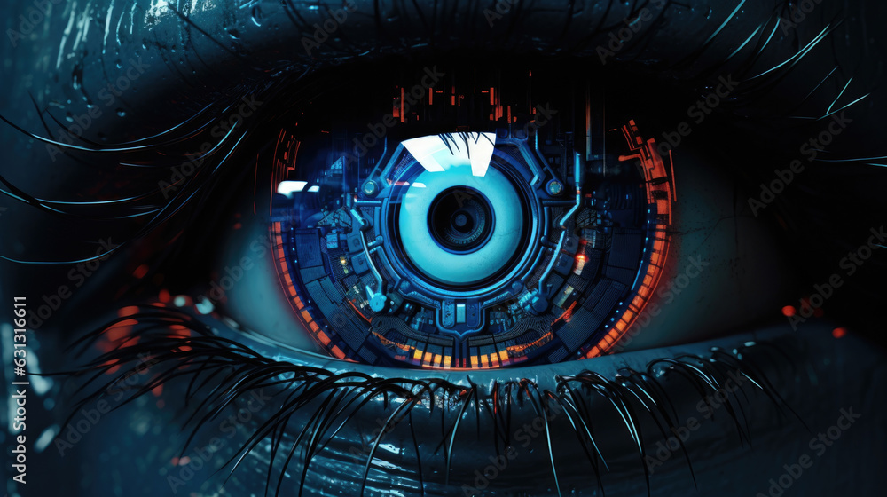 A closeup of a robotic eye with a sensor overlay connected to a ...