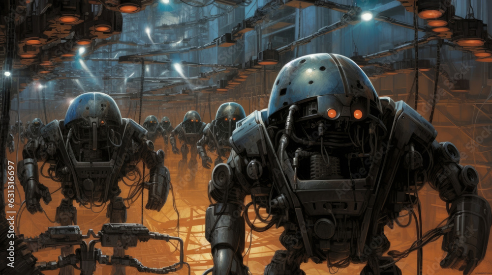 An army of massive droids outfitted with powerful tools breaking into a ...