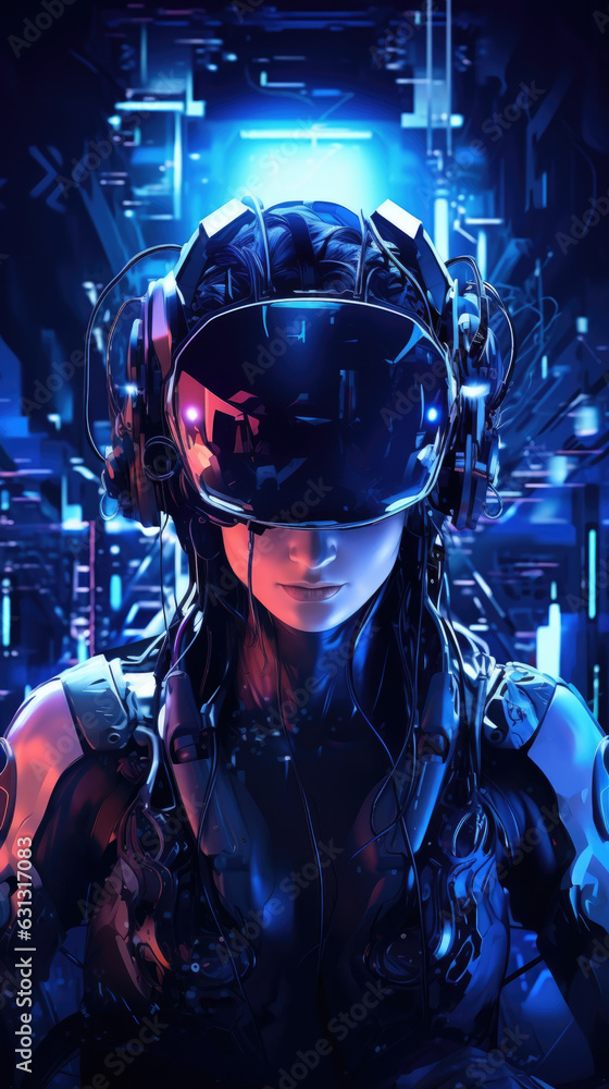 An image of a female hacker in a virtual reality helmet with the glow ...