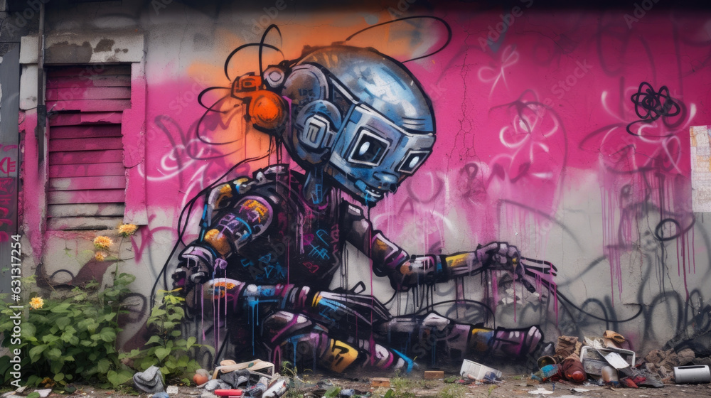 A cyberpunk artist spraypainting a mural of a robotic figure on an ...