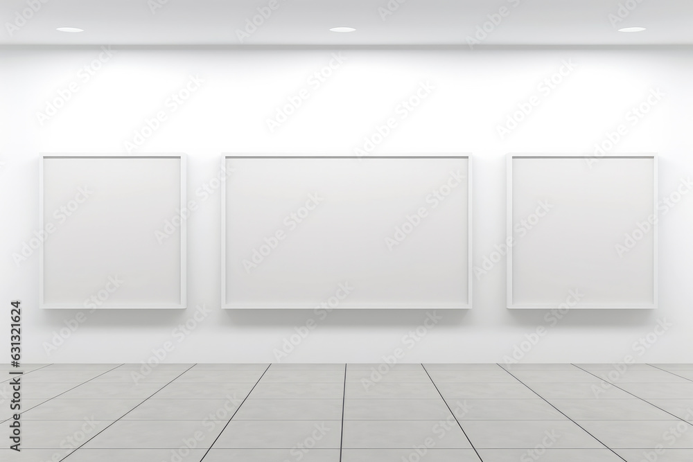 Three empty frames of different sizes on white wall, mockup for art or ...