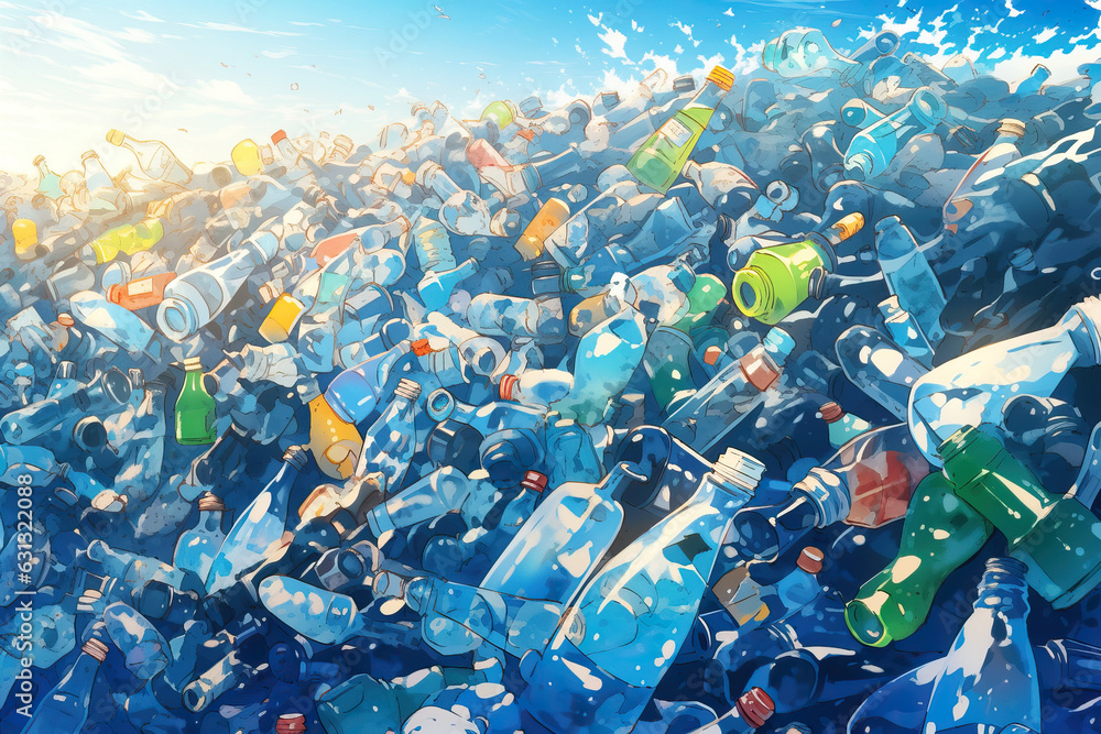 Plastic bottles carried along by a sea wave, a concept of the plastic ...