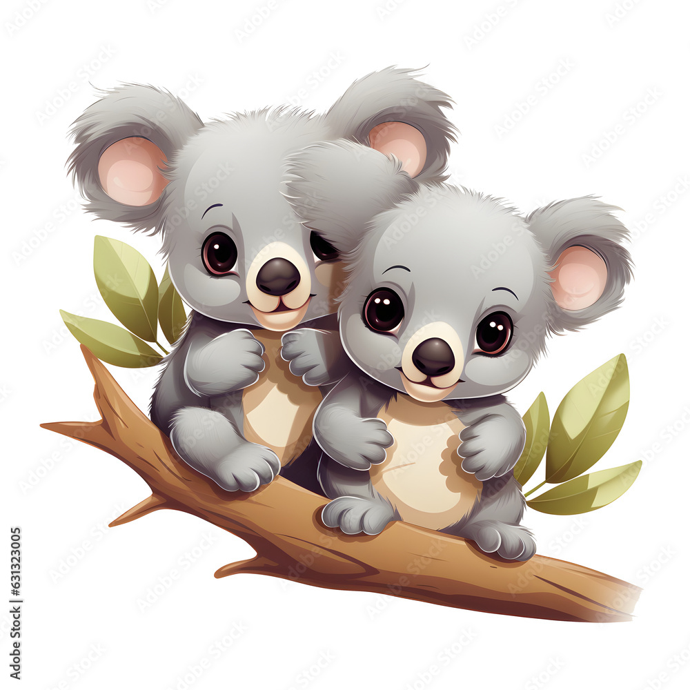 Cartoon clipart of smiling baby koalas hugging tree branches Stock ...