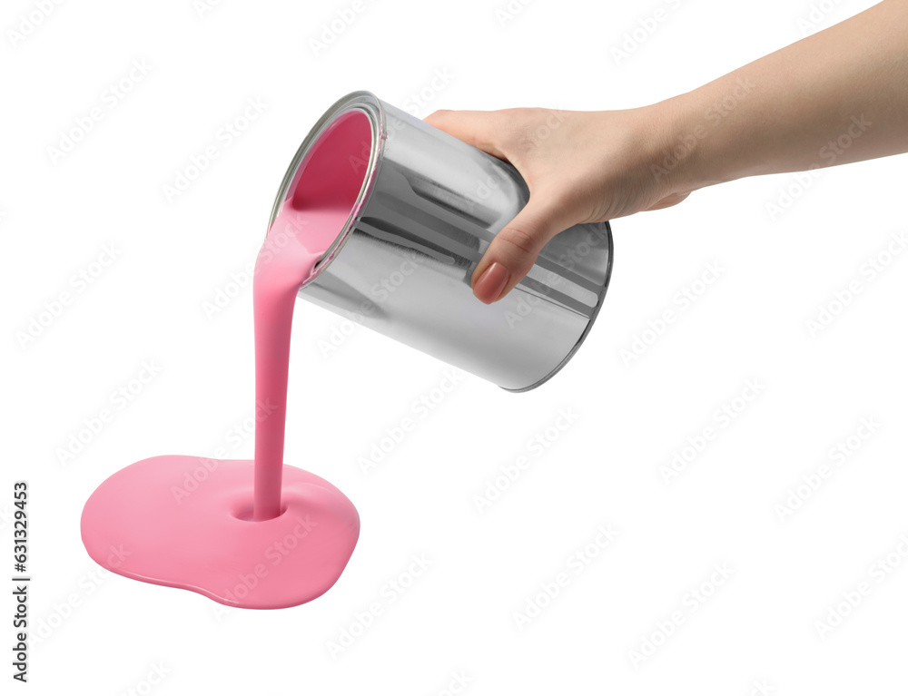 Woman pouring pink paint from can on white background, closeup Stock ...