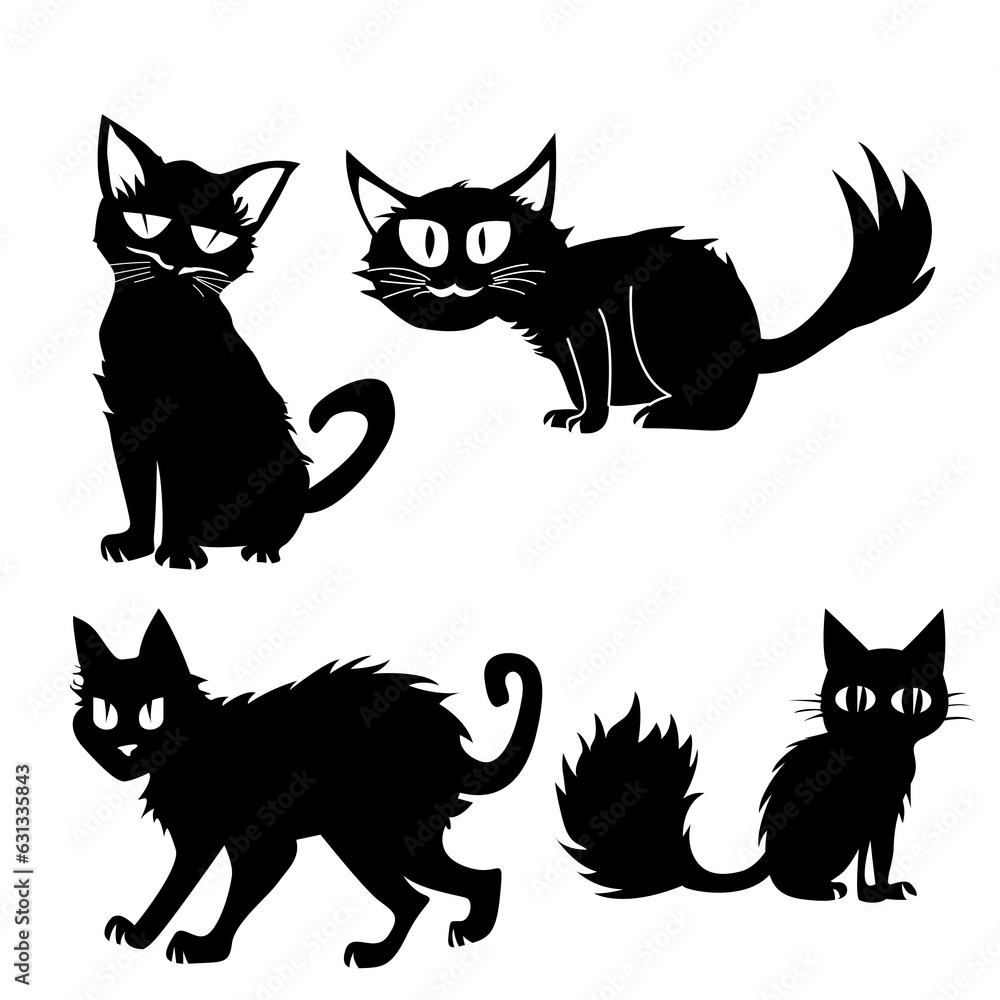 Set of scary black cat silhouette vector illustration. Cat cartoon for ...