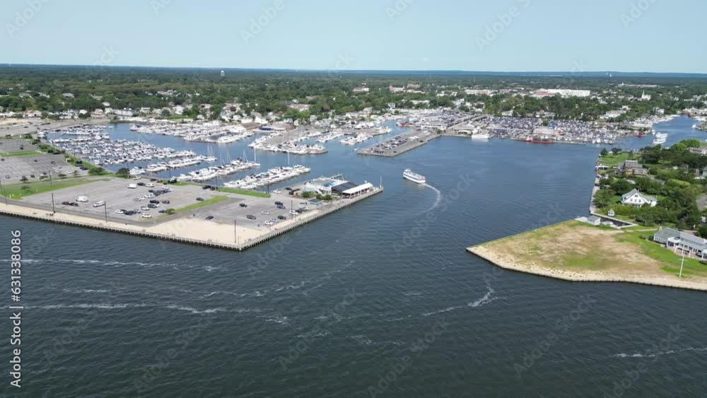 Drone Footage of Bay Shore New York looking northwest at the Bay Shore ...