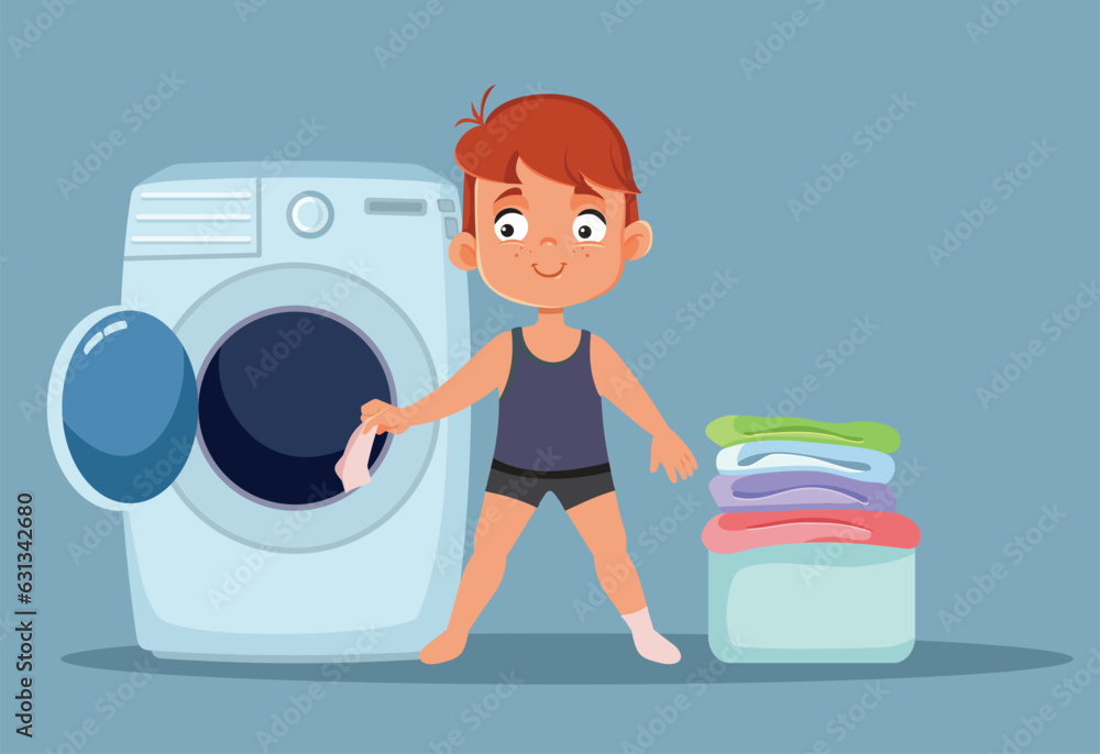 Child Putting his dirty Laundry in the Washing Machine Vector Cartoon ...