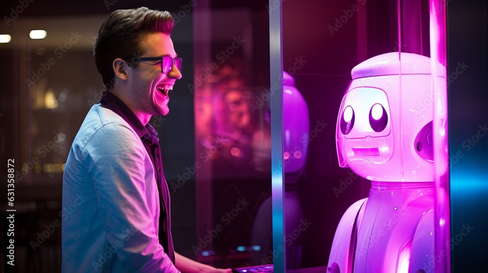 smiling overjoy teenage friend hangout with robot humanoid friend ...
