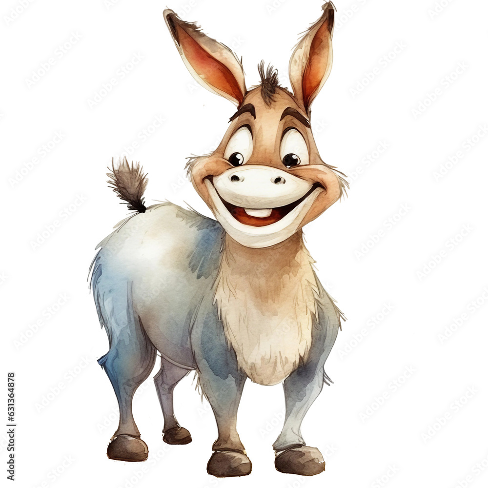 a laughing Donkey cartoon illustration watercolor digital clipart, farm ...