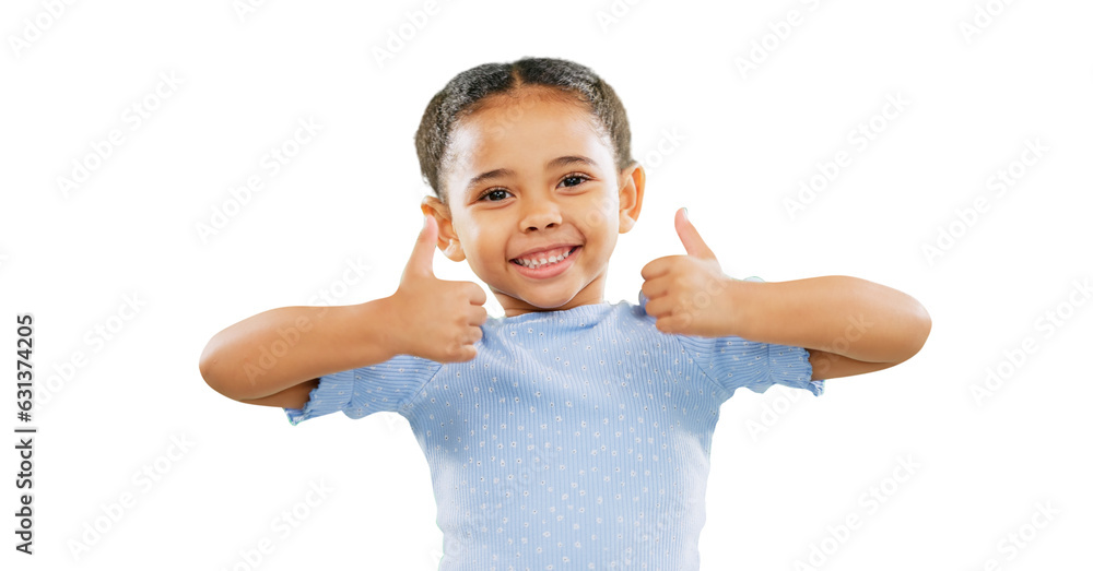 Happy little girl, portrait and thumbs up in approval, agreement or ...