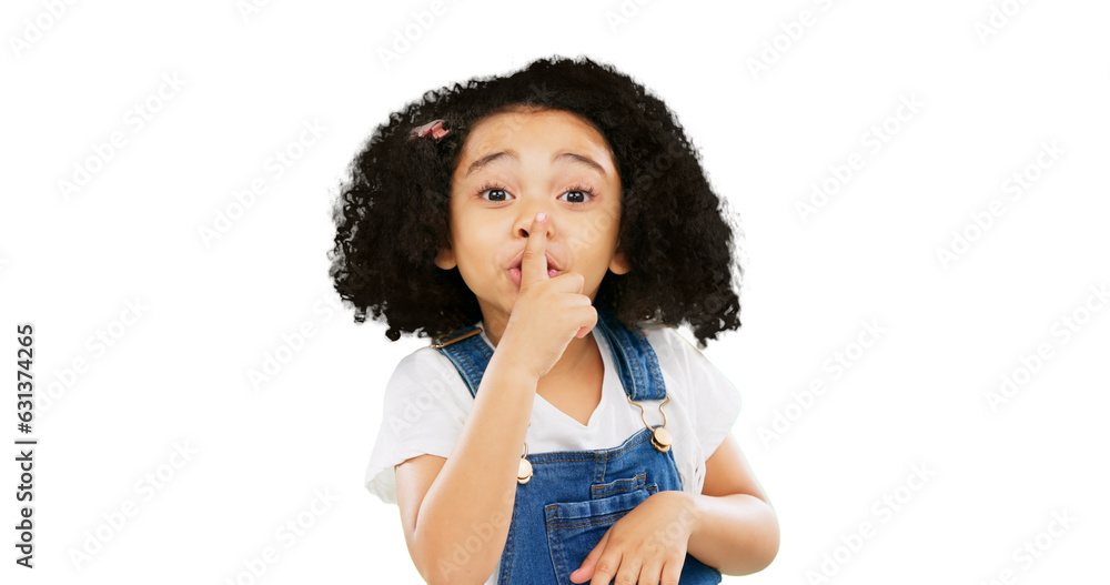 Little girl, portrait and fingers on lips in secret, gossip or quiet ...