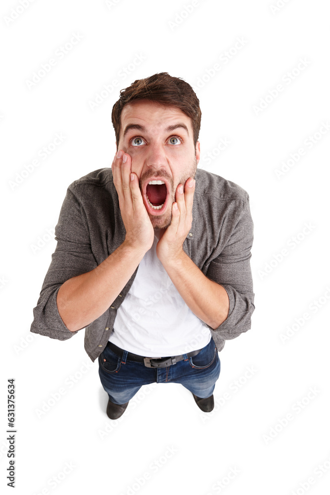 Surprise, fear and shocked with man and screaming on png for stress ...