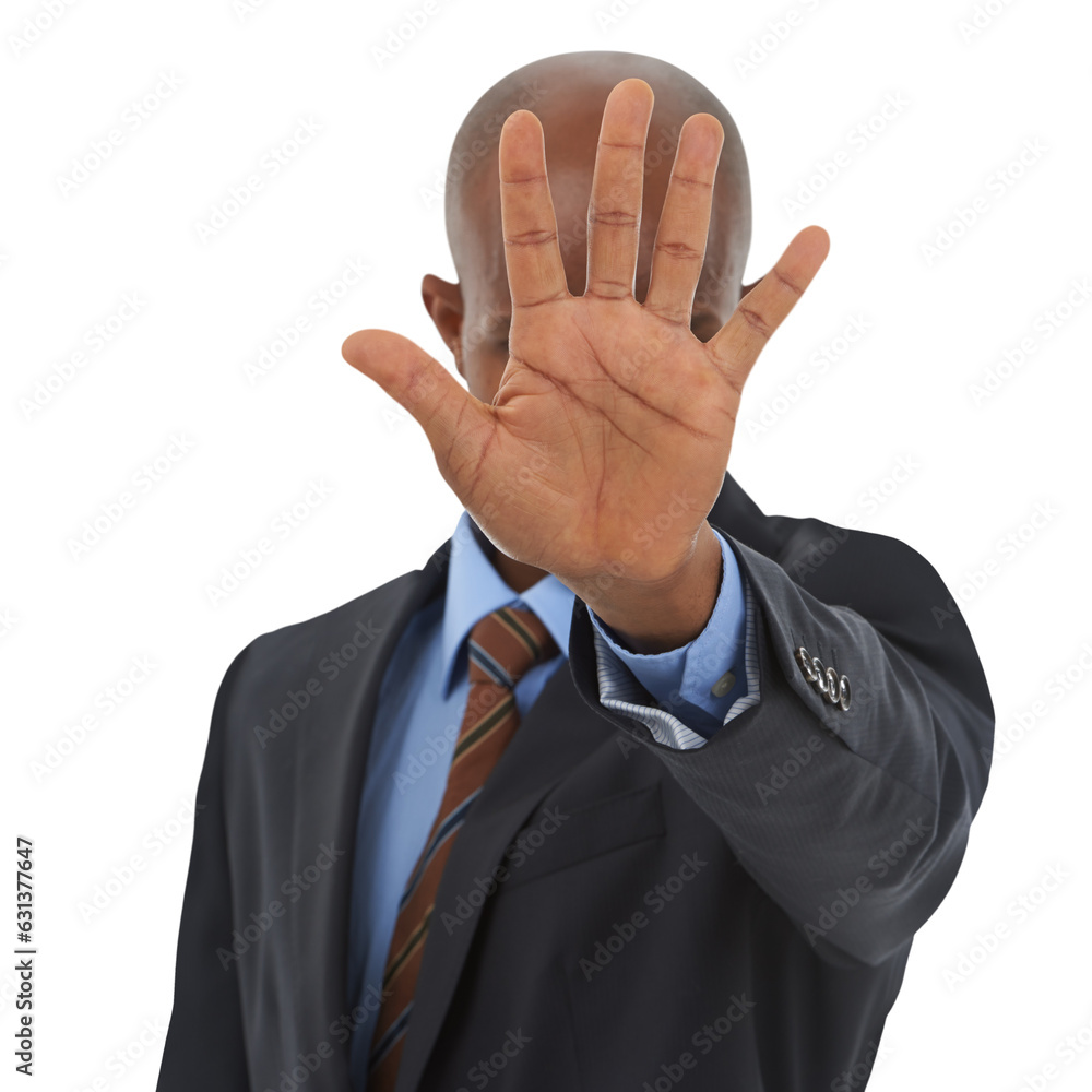 Stop, hand and business man with warning, threat or limit control on ...