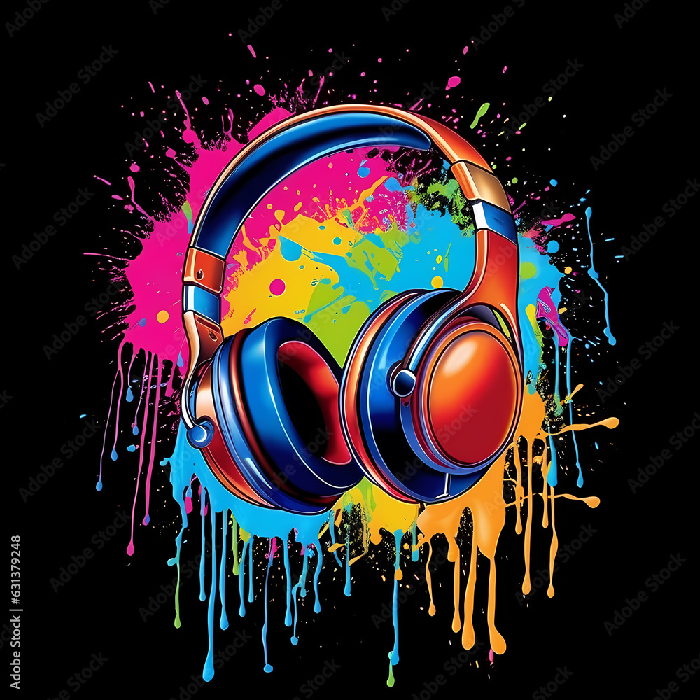 An orange blue headphone with full color splash background with black ...