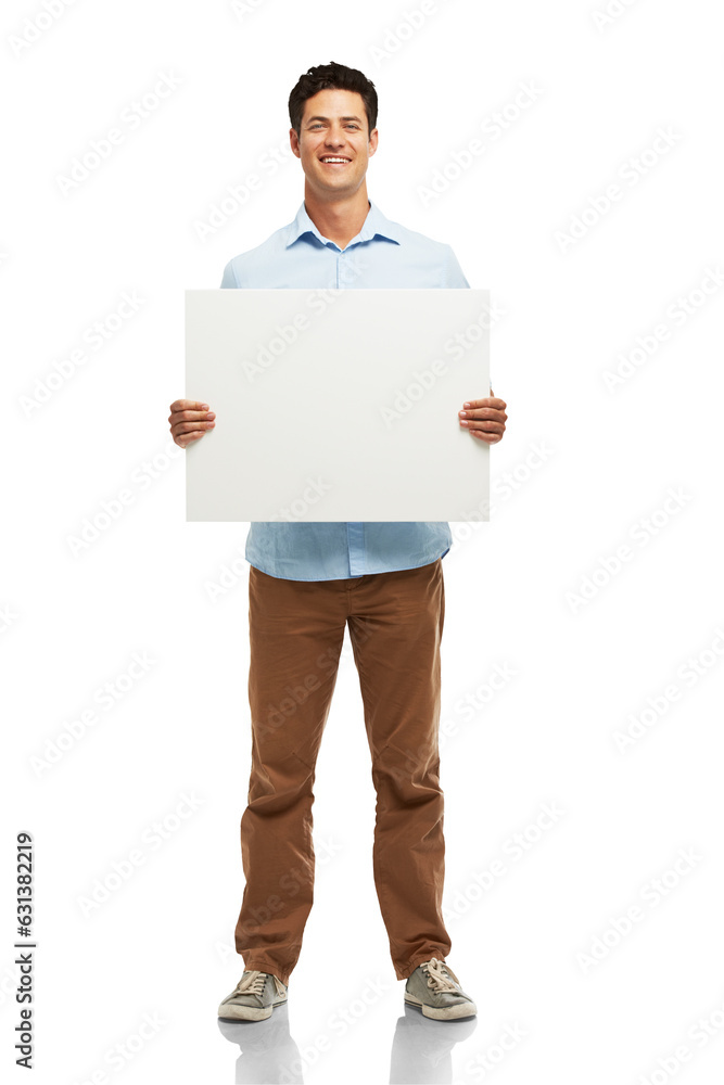 Portrait, sign and man with a poster for mockup, information or ...