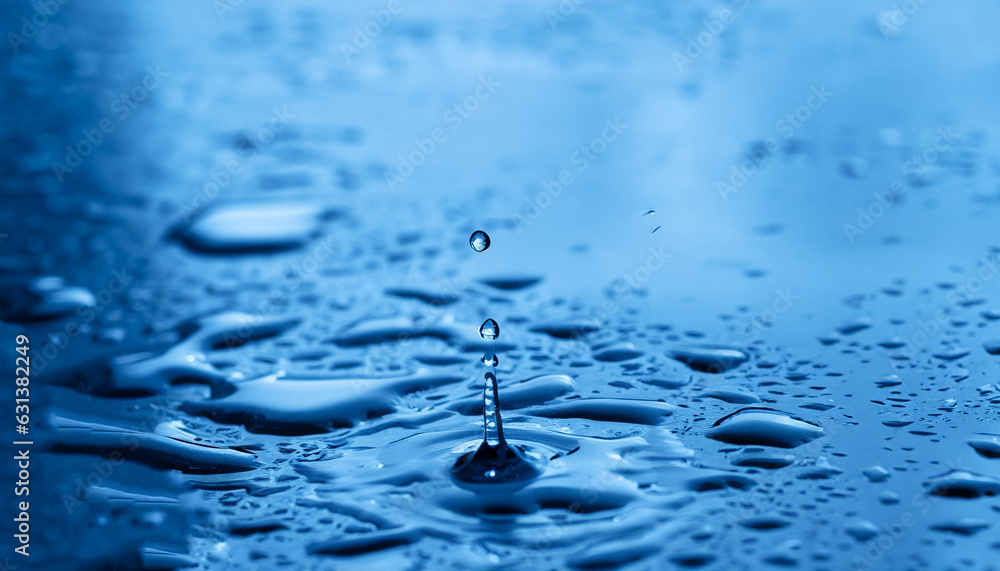 blue color tone of close up rain water drop falling to the floor in ...