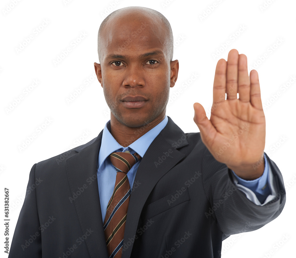 Stop, hand and business man portrait with warning, threat or limit ...