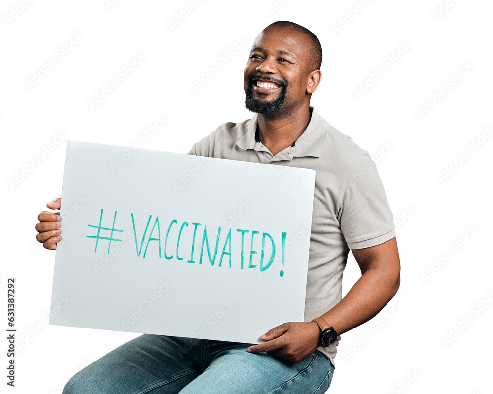 Black man, smile and vaccine promotion poster, covid and healthcare ...