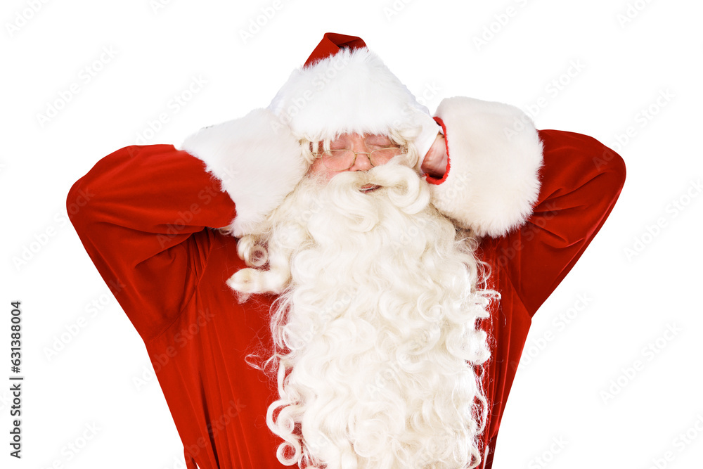 Christmas, headache and santa claus covering his ears isolated on ...