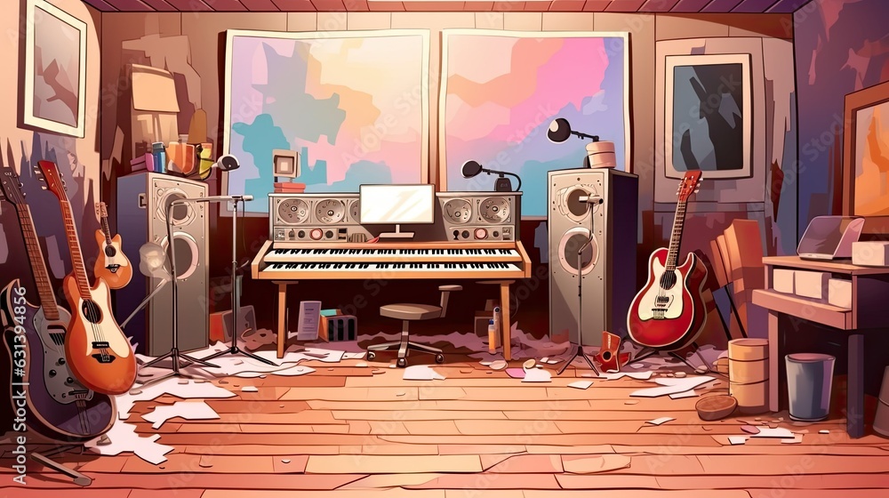 cartoon illustration of a music room with guitar, speakers and speakers ...
