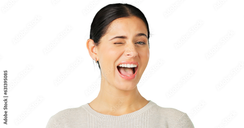 Flirty, woman and portrait wink expression isolated on a transparent ...