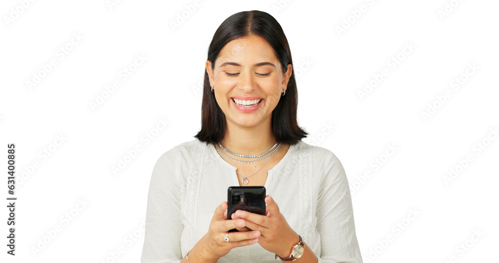 Woman, smile and typing with phone for contact, funny chat and isolated ...