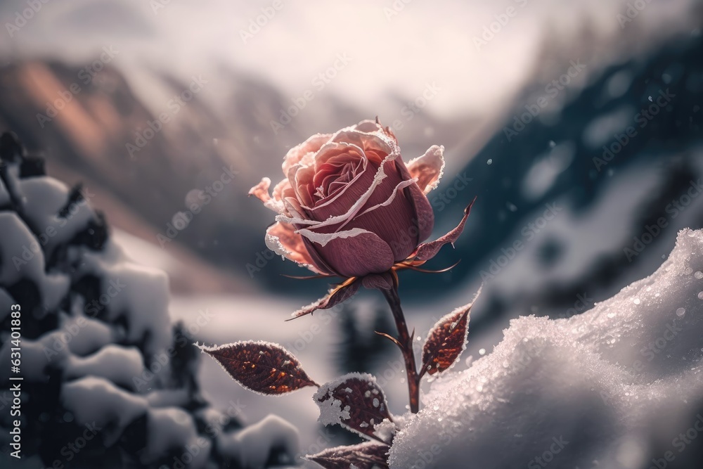 Rose with snow over it on the mountain, winter, AI generated Stock ...