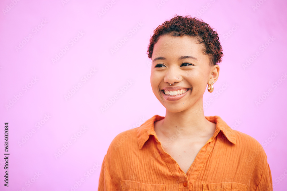Happy, thinking woman and smile in studio excited with confidence ...